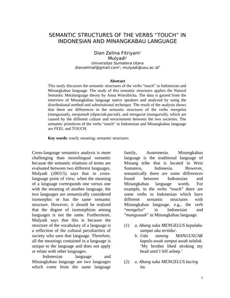 Pdf Semantic Structures Of The Verbs Touch In Indonesian And Minangkabau Language