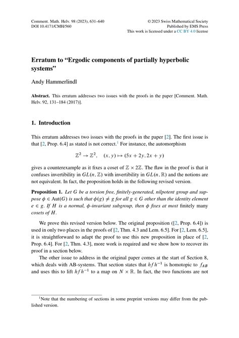 Pdf Erratum To “ergodic Components Of Partially Hyperbolic Systems”