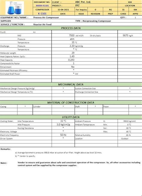 Process Specification Sheet For Compressor ChemEnggHelp