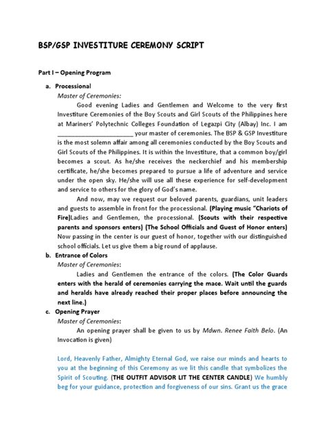 Investiture Ceremony Script Pdf Youth Movements Scouting