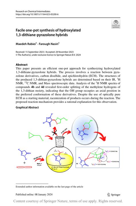Facile One Pot Synthesis Of Hydroxylated 1 3 Dithiane Pyrazolone Hybrids
