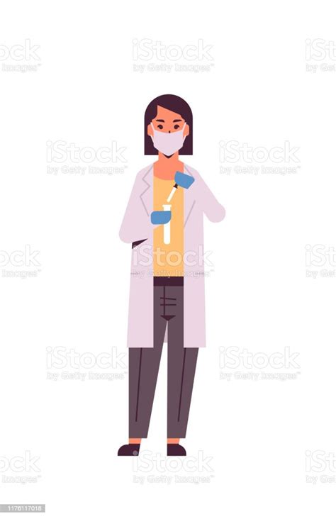 실험실 연구 과학 화학 개념 수직 전체 길이에서 실험을 만드는 플라스크 과학자와 함께 균일 한 작업에서 시험관 여자를 들고 여성 과학 연구원 가공의 인물에 대한 스톡 벡터