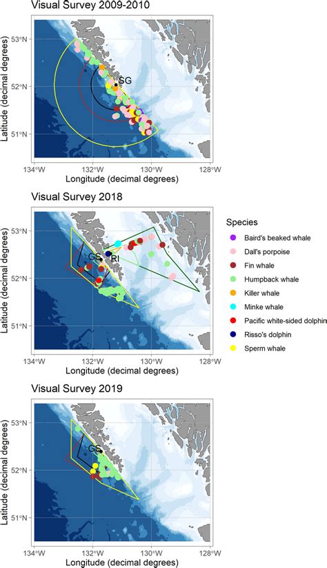 Cetacean Sightings By Species Colored Dots Within The Detection Range