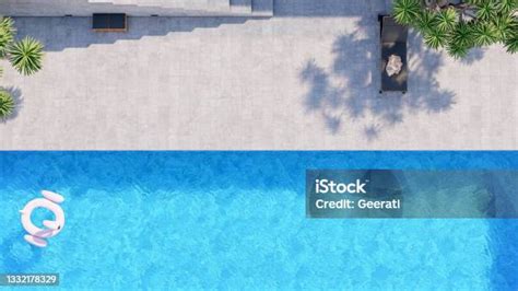 현대적인 고급 빌라 외관의 라운지 의자가 있는 수영장의 최고 전망 3d 렌더링 하이 앵글에 대한 스톡 사진 및 기타 이미지 하이 앵글 수영장 스포츠 경기장 풀사이드