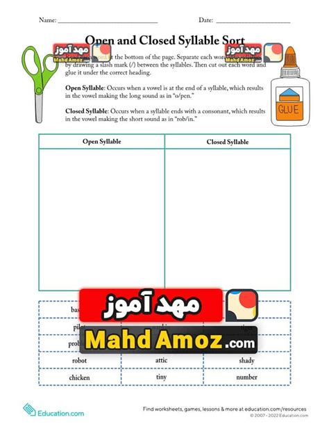 کاربرگ Open and Closed Syllable Sort مهدآموز
