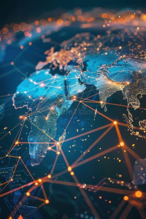 Intricate Digital World Map Highlighting Global Connectivity And Data Flow With Vibrant Lights