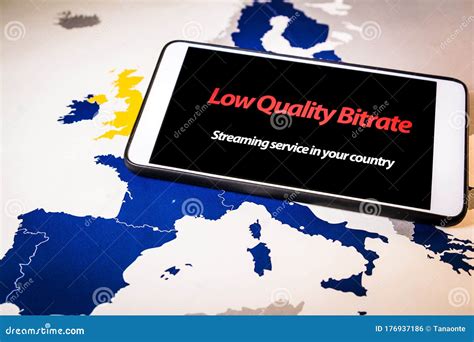 Smartphone With Low Bitrate Message On Screen Over An Eu Map Stock