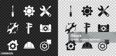 스크루 드라이버 기어 및 화살표를 워크 플로 렌치 스패너 장비가있는 집 작업자 안전 헬멧 프로세스 렌치 및 캘리퍼 캘리퍼 스케일 아이콘으로 설정합니다 벡터 기어 기계 부분에