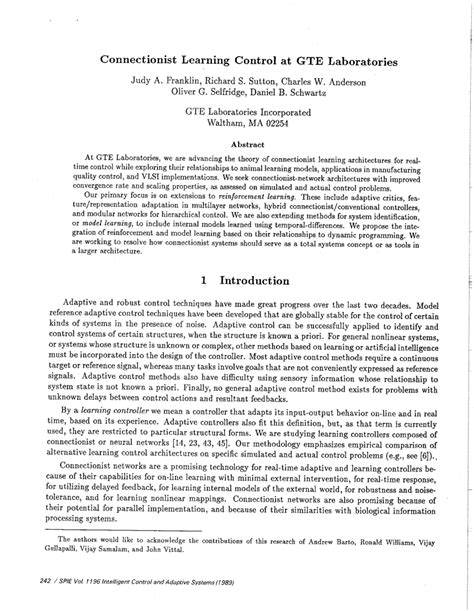 Pdf Connectionist Learning Control At Gte Laboratories