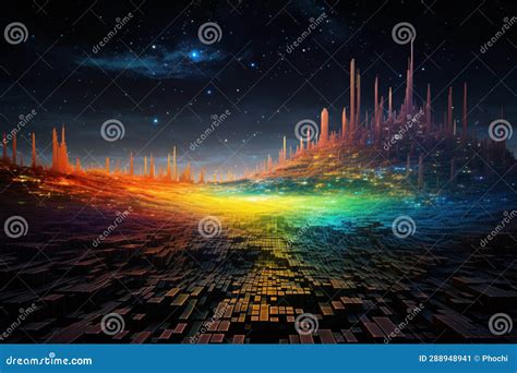 Abstract Digital Landscape With Colorful Data Points Glowing In The Darkness Stock Illustration