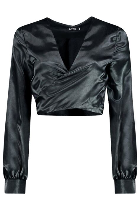 Boohoo Katherine Satin Knot Front Long Sleeve Blouse