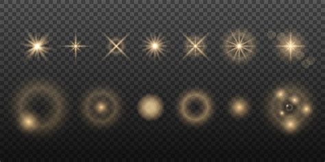조명 효과 밝은 노란색 별 부드러운 맑은 반짝임 먼지 선 태양 플레어 불꽃 및 별 스포트라이트 밝은 광선 추상적인 황금 조명 투명한 배경에 벡터 일러스트 레이 션 가로등에