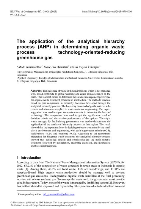 PDF The Application Of The Analytical Hierarchy Process AHP In Determining Organic Waste