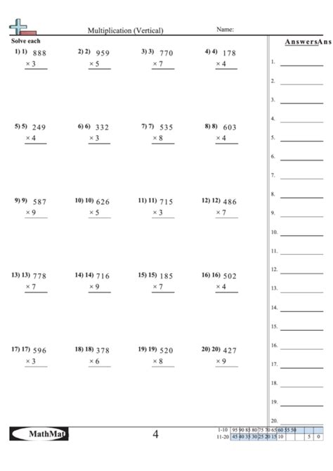Multiplication Vertical Math Worksheet With Answer Key Printable