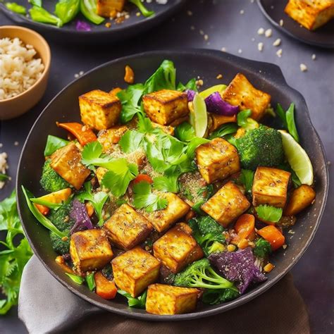 Photo Tasty Tofu Stir Fry With Veggies Crispy Tofu And Fresh Cilantro Premium Ai Generated Image