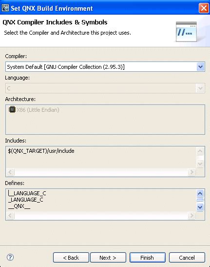 Set Qnx Build Environment Wizard Compilerarchitecture Selection
