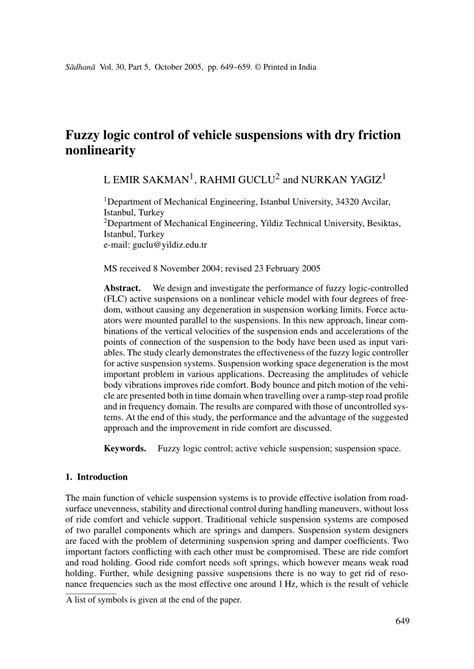 Pdf Fuzzy Logic Control Of Vehicle Suspensions With Dry Friction Nonlinearity