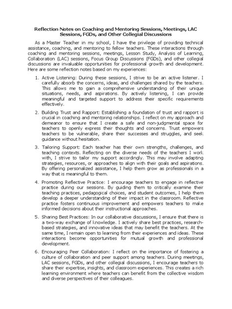 reflection notes on coaching and mentoring sessions meetings lac