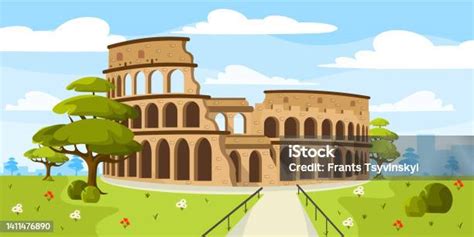 역사적인 콜로세움이있는 아름다운 여름 공원의 벡터 일러스트레이션 역사적인 건물 나무 길 꽃 및 도시를 배경으로 한 만화 도시 풍경 콜로세움에 대한 스톡 벡터 아트 및 기타