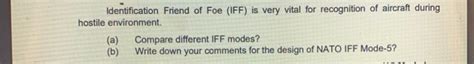 Solved Identification Friend Of Foe Iff Is Very Vital For