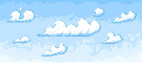 Pixel Blue Sky Background Cartoon Nature Cloudy Sky With White Fluffy