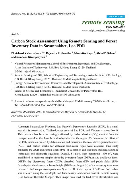 Pdf Carbon Stock Assessment Using Remote Sensing And Forest Inventory Data In Savannakhet Lao Pdr