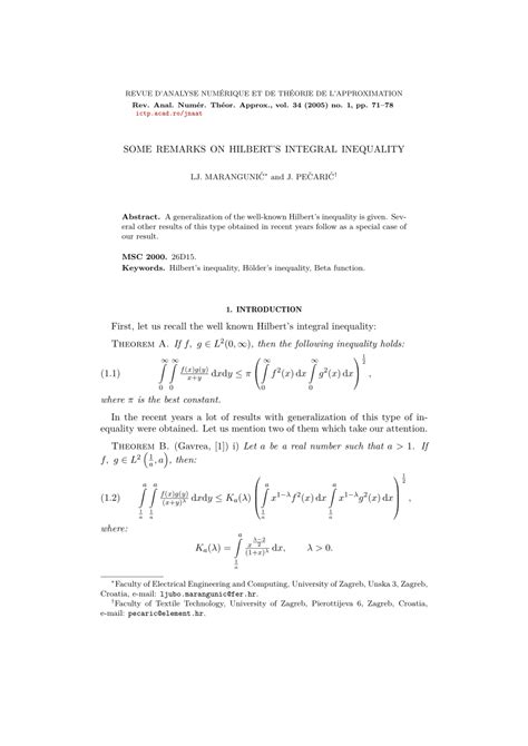 Pdf Some Remarks On Hilberts Integral Inequality