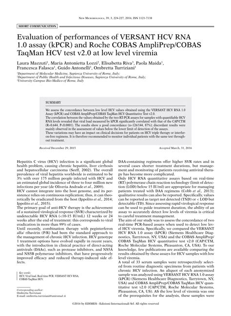 Pdf Evaluation Of Performances Of Versant Hcv Rna 1 0 Assay Kpcr And Roche Cobas Ampliprep