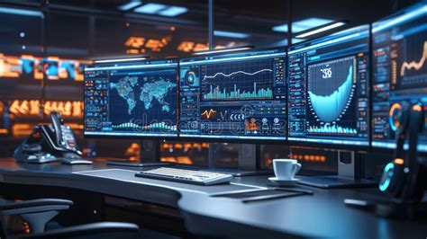 High Tech Workstation With Multiple Computer Monitors Displaying Graphs And Analytical Data Ai