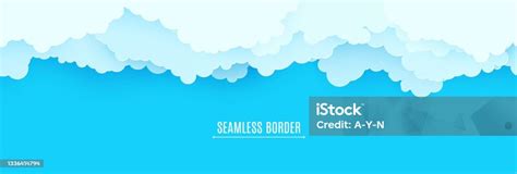 종이 컷 스타일의 푸른 하늘과 흰색 구름의 원활한 테두리 최고 보기 흐린 하늘과 3d 종이 컷 배경 간단한 날씨 레이어 배너 벡터 카드 일러스트는 구름스케이프 파스텔 색상의