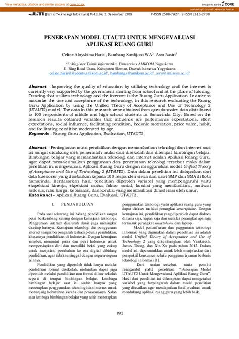 Pdf Penerapan Model Utaut2 Untuk Mengevaluasi Aplikasi Ruang Guru