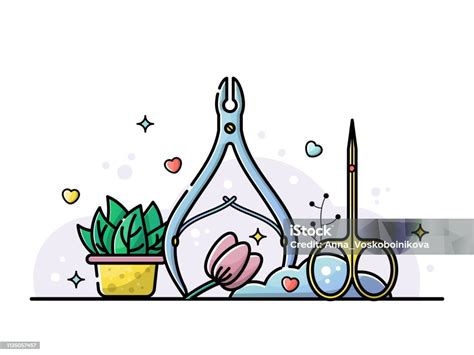 네일 살롱과 매니큐어 도구 큐티 클 집게와가 위 식물 요소와 선형 스타일의 벡터 평면 그림 인조 손톱에 대한 스톡 벡터 아트 및 기타 이미지 Istock