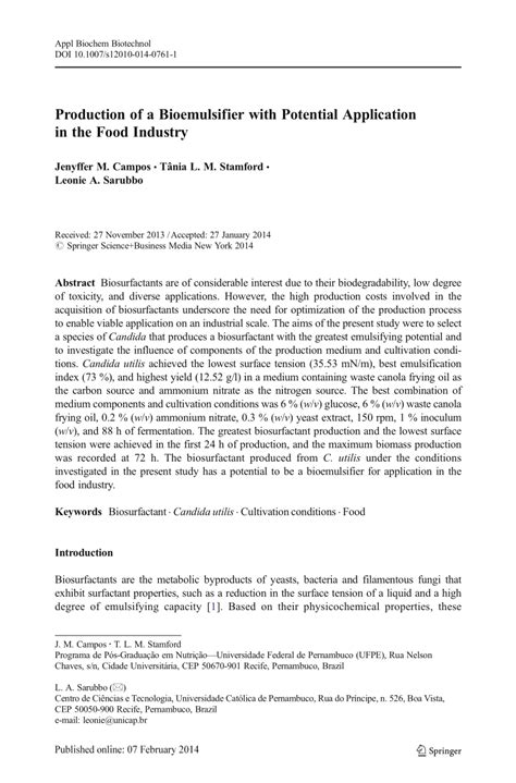 Pdf Production Of A Bioemulsifier With Potential Application In The Food Industry