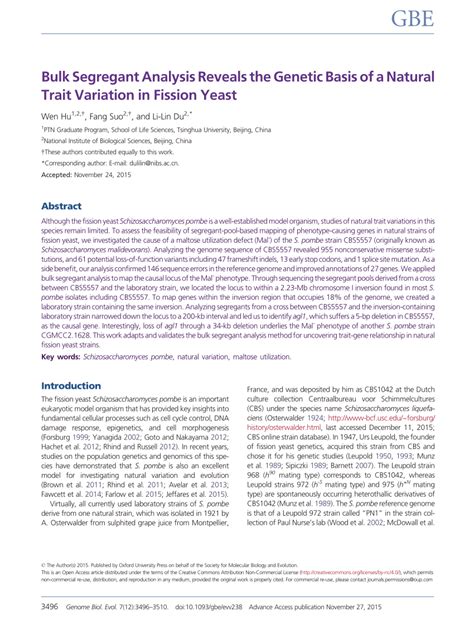 Pdf Bulk Segregant Analysis Reveals The Genetic Basis Of A Natural Trait Variation In Fission