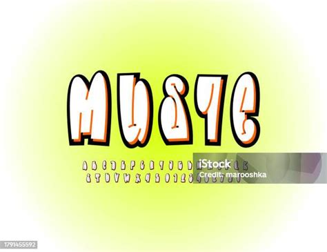 그래피티 긴 글꼴 만화 스타일의 만화 알파벳 즐거운 좁은 대문자와 숫자 벡터 일러스트레이션 10eps 거리에 대한 스톡 벡터