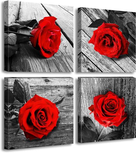 Red Rose Bedroom Wall Decor Black And White Wall Art Modern Flowers