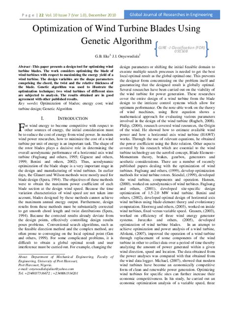Pdf Optimization Of Wind Turbine Blades Using Genetic Algorithm