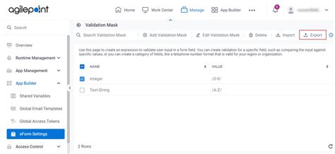 Export Validation Mask Screen