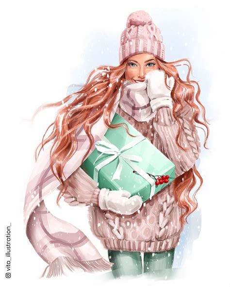 Красивая девушка с рыжими волосами с подарком в руках Иллюстрации Портрет Картины