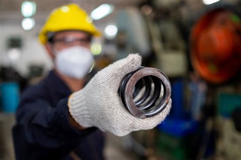 엔지니어는 장갑과 안전 유리를 착용하고 자동차 예비 부품 제조에 서서 차에서 제거 된 오래된 충격 흡수 부품을 보여줍니다 충격 흡수제 스프링에 선택적 초점 손에 대한 스톡