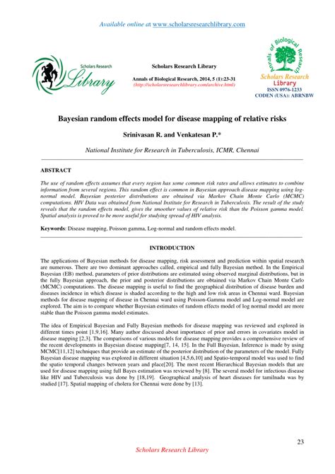 Pdf Bayesian Random Effects Model For Disease Mapping Of Relative Risks
