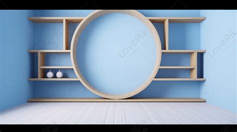 놀라운 3d 렌더링 빈 파란색 방의 일본식 원형 선반 벽 장식 및 다다미 바닥 푸른 벽 배경 놀라 배경 빈 벽 배경 이미지 Hd 푸른 벽 놀라 빈 벽 배경 사진