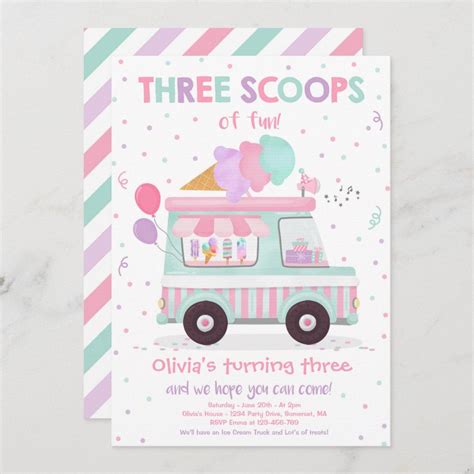 Ice Cream Truck Three Scoops Of Fun 3rd Birthday Invitation Zazzle