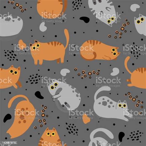귀여운 만화 고양이와 원활한 패턴 직물 섬유 벡터 일러스트 레이 션에 적합 0명에 대한 스톡 벡터 아트 및 기타 이미지 0명 가축 개 Istock