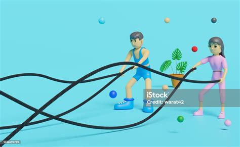 전투 로프를 가진 피트니스 사람들은 파란색 배경의 체육관에서 운동 건강 개념 3d 그림 또는 3d 렌더링을 위한 운동 3차원 형태에 대한 스톡 사진 및 기타 이미지 Istock