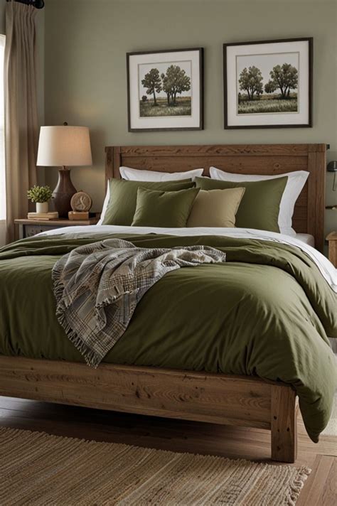 Cozy Modern Farmhouse Bedroom With Olive Green Bedding Olive Green Farmhouse Bedroom Olive