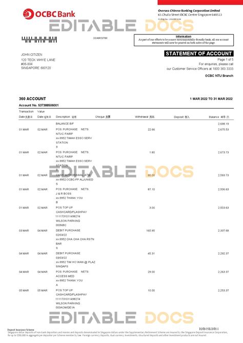 Singapore Ocbc Bank Statement Word And Pdf Template 6 Pages