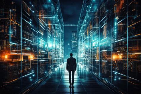 Premium AI Image Shot Of Man Walking Data Center Database Data Storage Backup Cyber Security