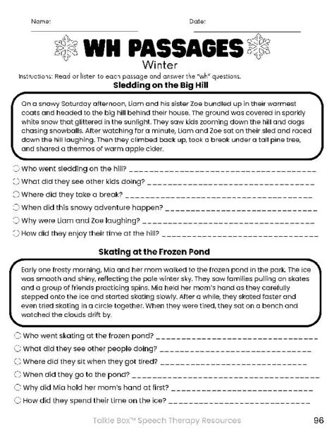 Winter Wh Comprehension Passages Short Stories And Wh Question Speech