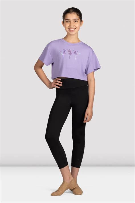 Girls Mirella Glow Girl Ballerina Print Crop Top Purple Bloch Dance Uk